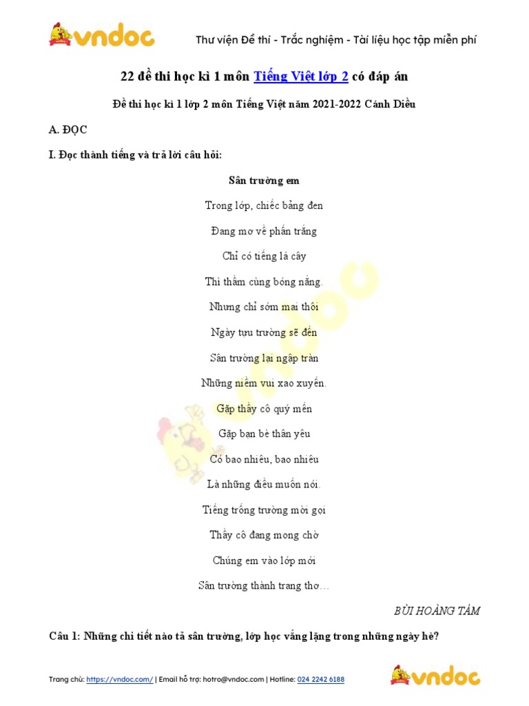 22 de Thi Hoc Ki 1 Mon Tieng Viet Lop 2 Co Dap An 2 1 | PDF