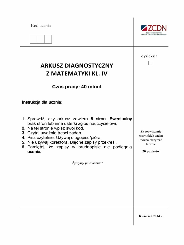 Arkusz Diagnostyczny Kl. IV | PDF