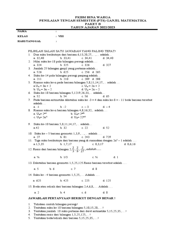 PTS Ganjil Matematika 8 2223 | PDF