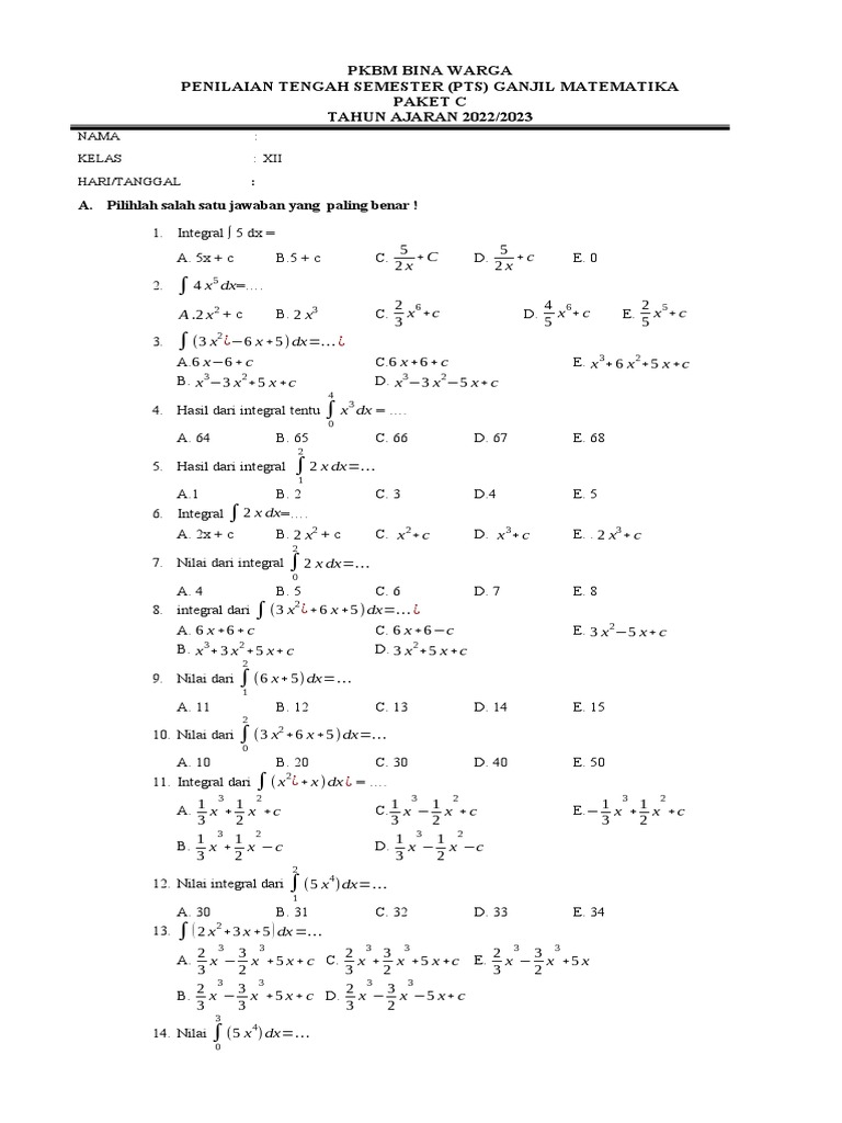 PTS Ganjil Matematika Xii 2223 | PDF | Metode & Bahan Ajar | Sains & Matematika