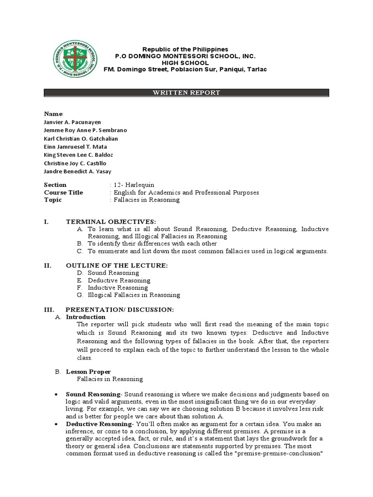 An Analysis of Sound Reasoning, Deductive Reasoning, Inductive Reasoning and Common Logical ...