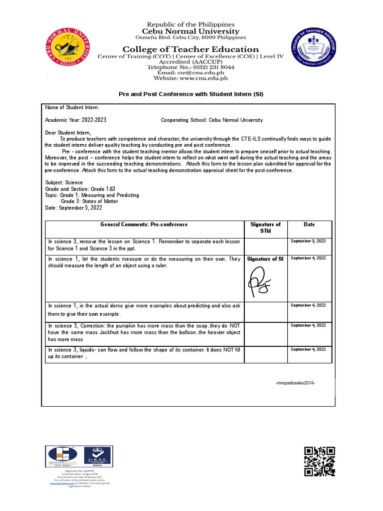 ISO Form - Pre Post Conference | PDF | Science | Education Theory
