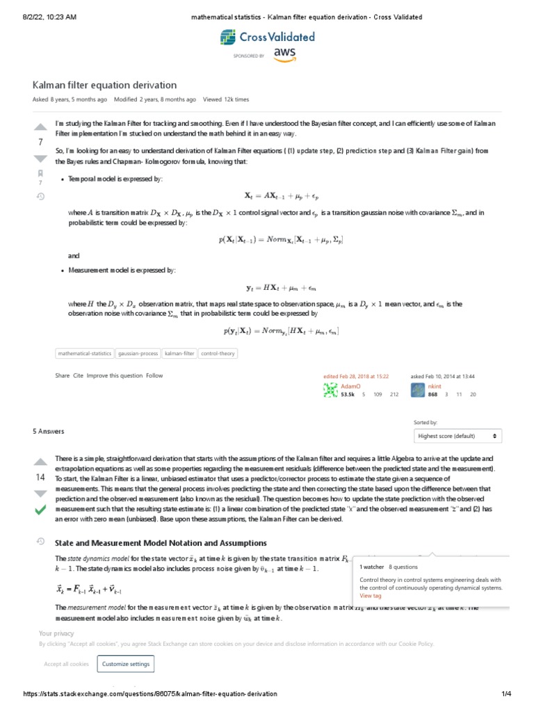 Mathematical Statistics Kalman Filter Equation Derivation Cross