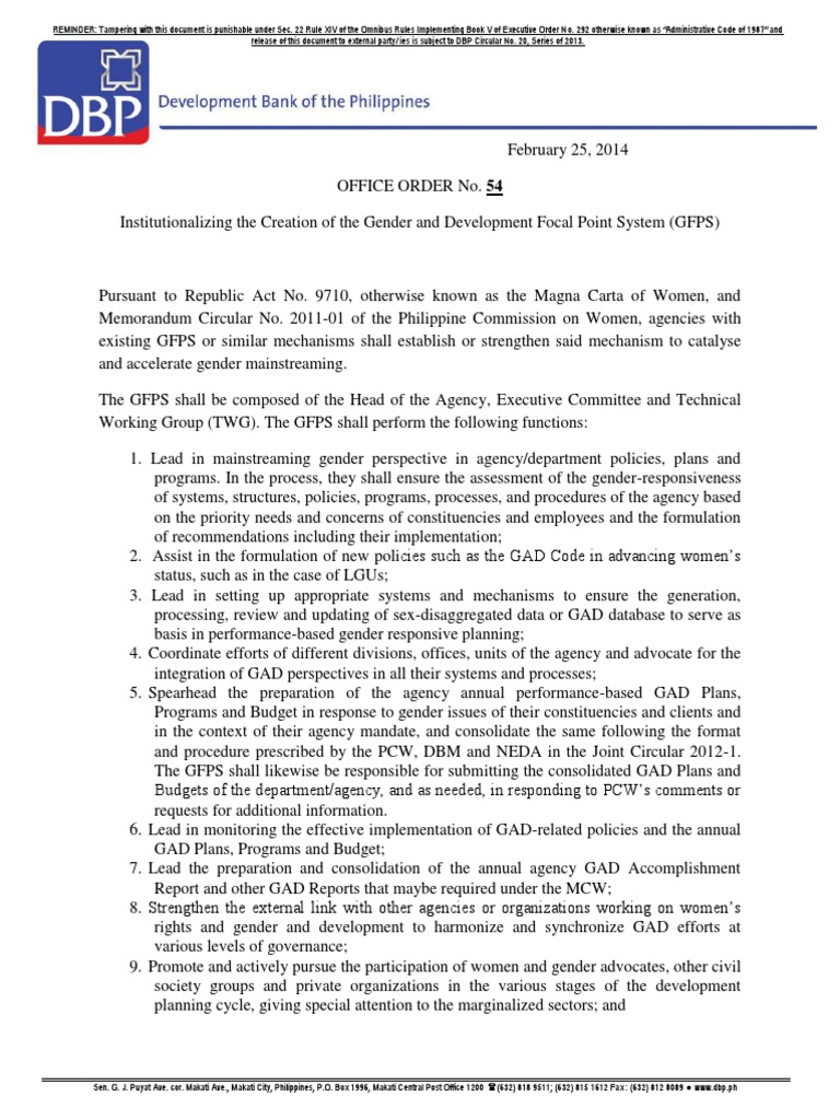 Gender and Development Focal Point System | PDF | Government