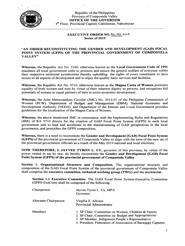 EO 2019 Reconstituting GAD Focal Point | PDF