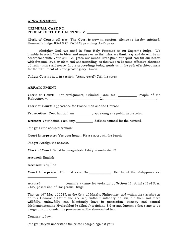 Arraignment - Script (Edited) | PDF | Plea | Prosecutor