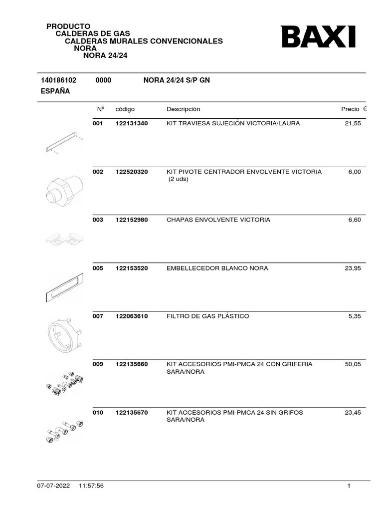 Piezas para Calderas de Gas NORA | PDF | Plomería | Tecnologías de gas