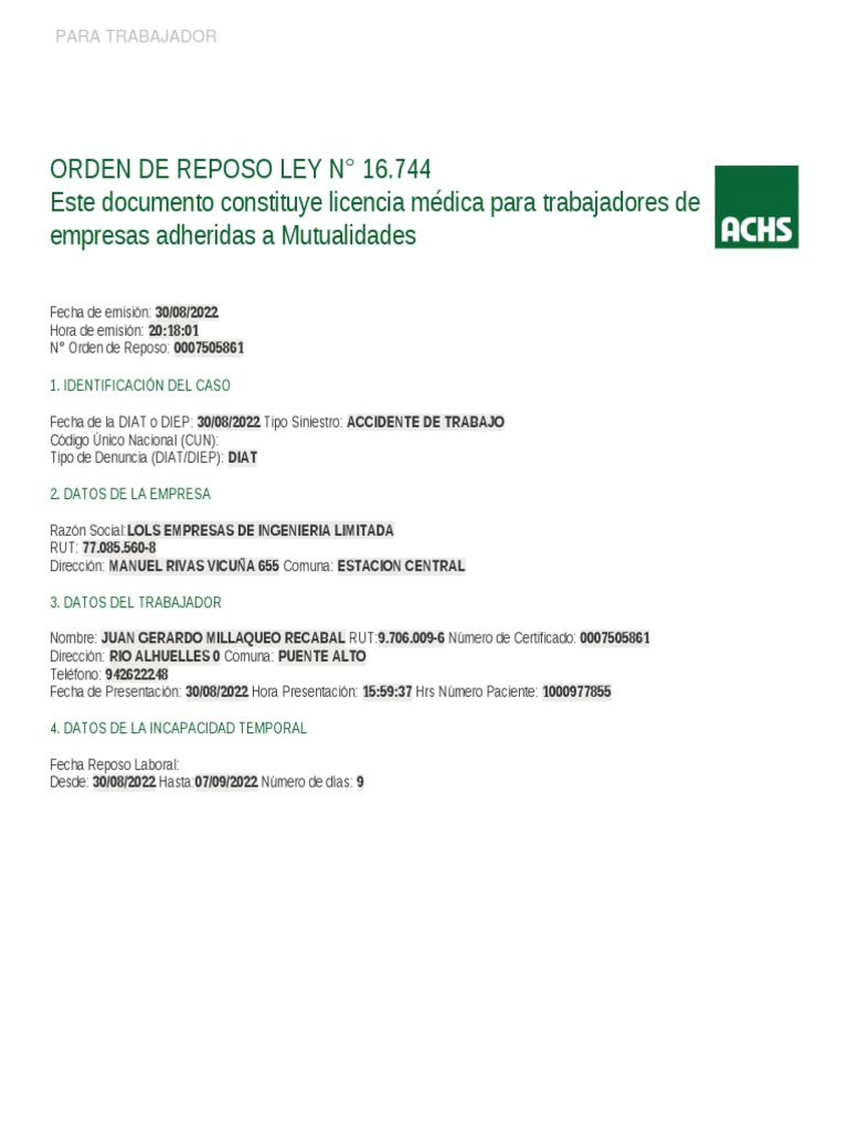 Orden de Reposo Ley #16.744 | PDF