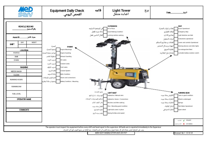 Light Tower Daily Checklist-1 | PDF | Land Vehicles | Automotive ...