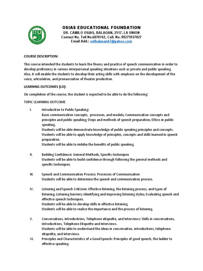 Speech and Theater Arts Course Syllabus | PDF | Communication | Public ...