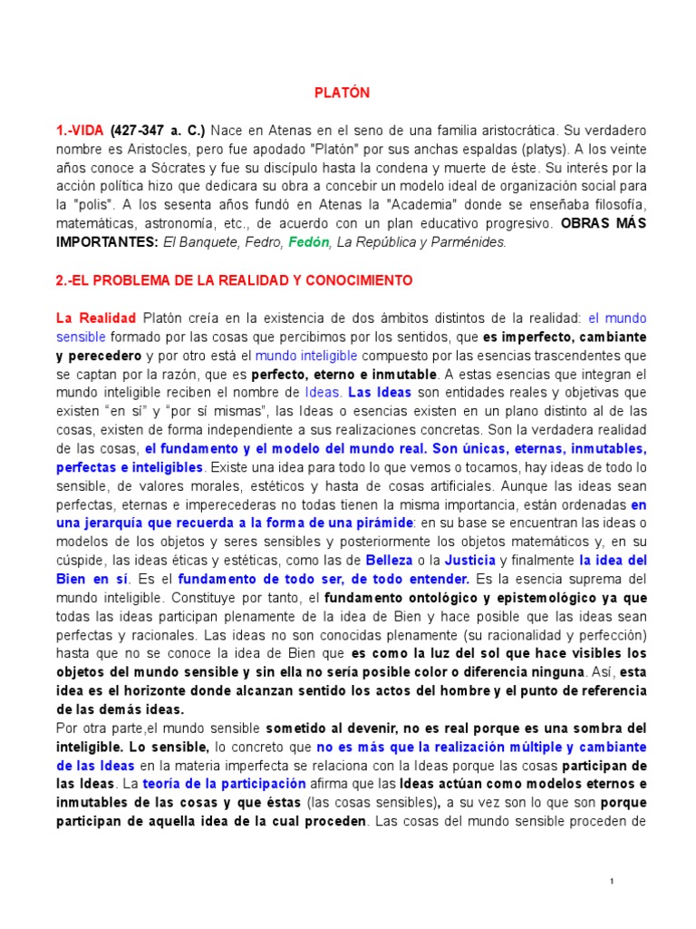 Platón 1.-VIDA: El Mundo Sensible Mundo Inteligible Ideas | PDF ...