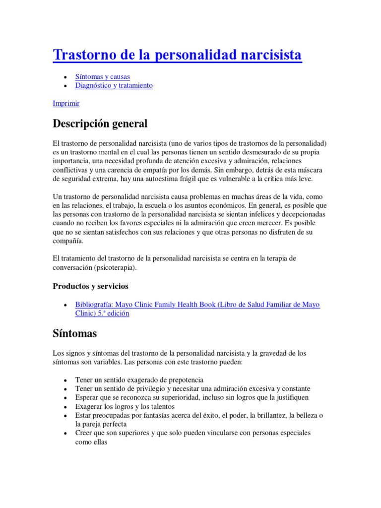 Trastorno de La Personalidad Narcisista | PDF | Trastorno mental | Narcisismo