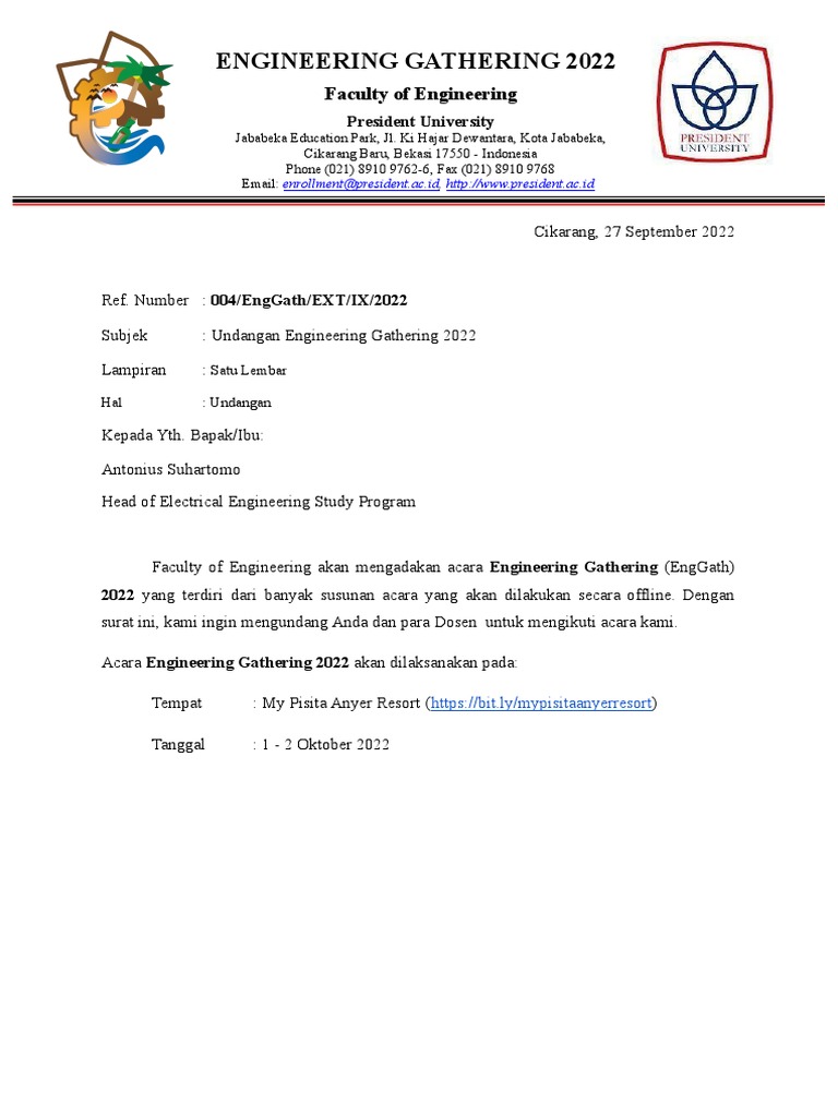 Invitation to the 2022 President University Faculty of Engineering ...