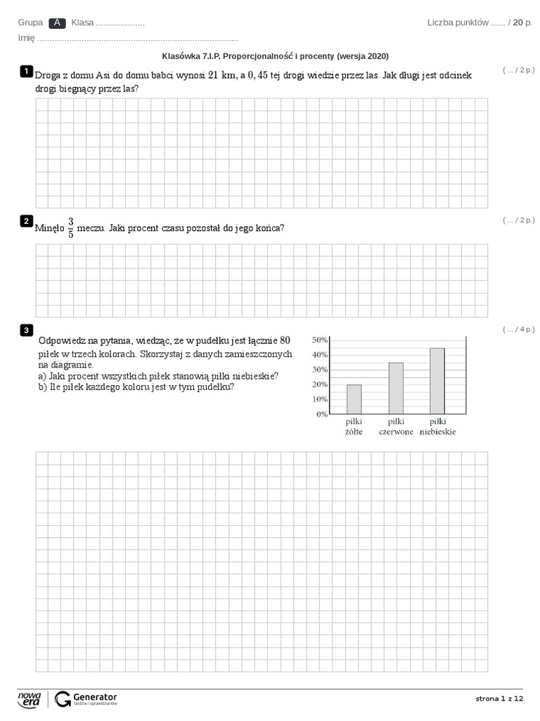 Klasówka 7.I.P. Proporcjonalność I Procenty (Wersja 2020) Test ...