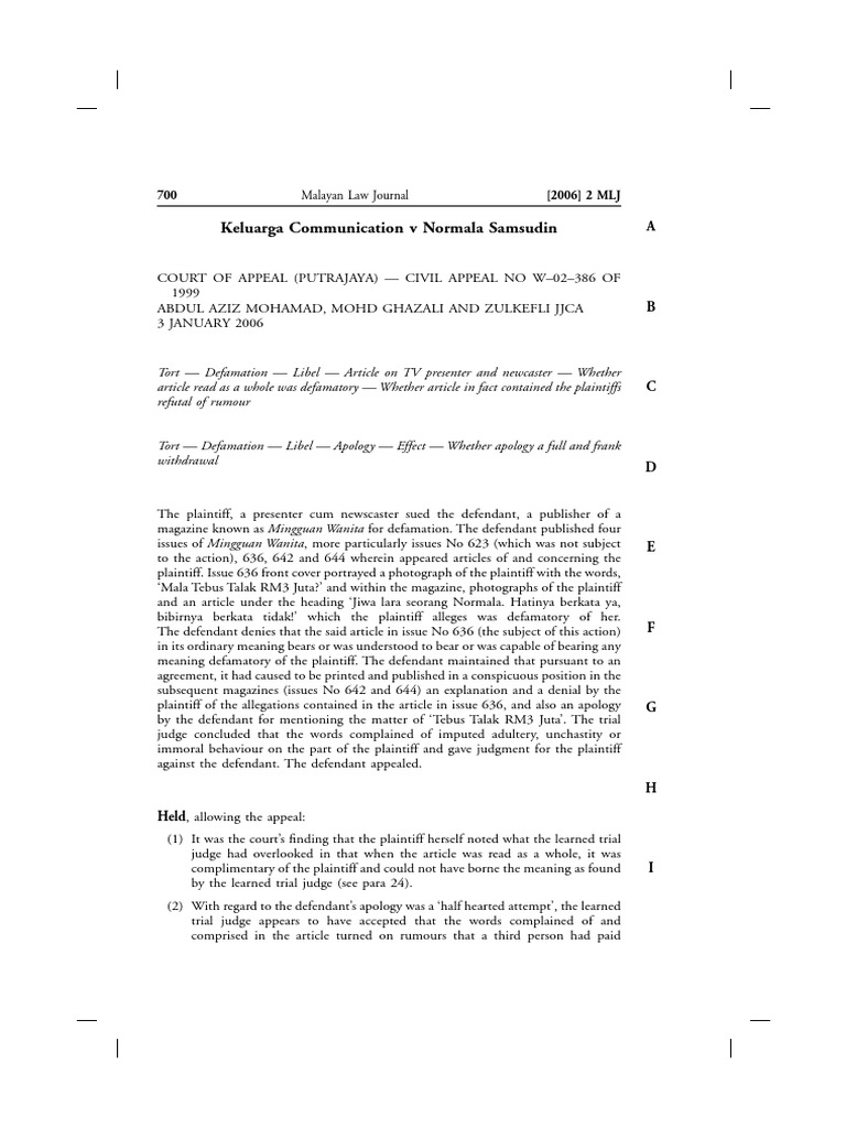 Keluarga Communication V Normala Samsudin, (2006) 2 MLJ 700 - Attachment1 | PDF | Defamation ...