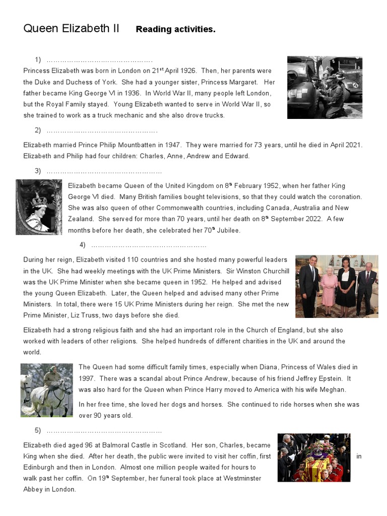 Queen Elizabeth Reading Past Simple Activities Reading Comprehension ...