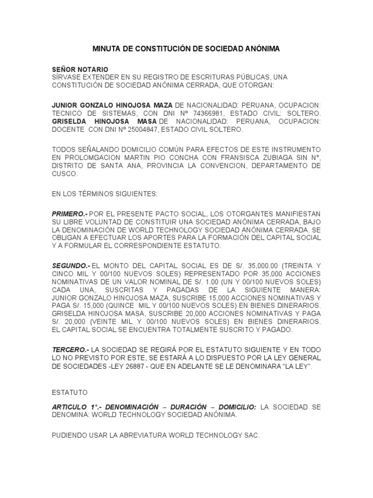 Minuta de Constitución de Sociedad Anónima | PDF | Business | Derecho privado