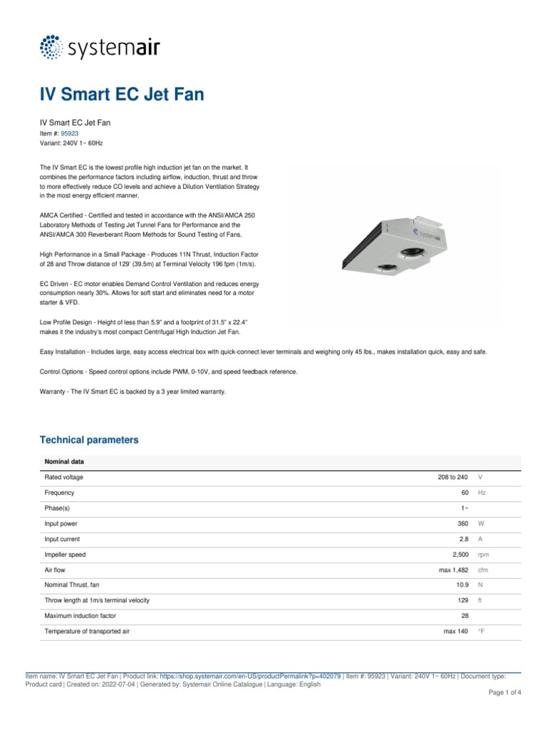 IV Smart EC Jet Fan Specifications | PDF | Jet Engine | Electricity