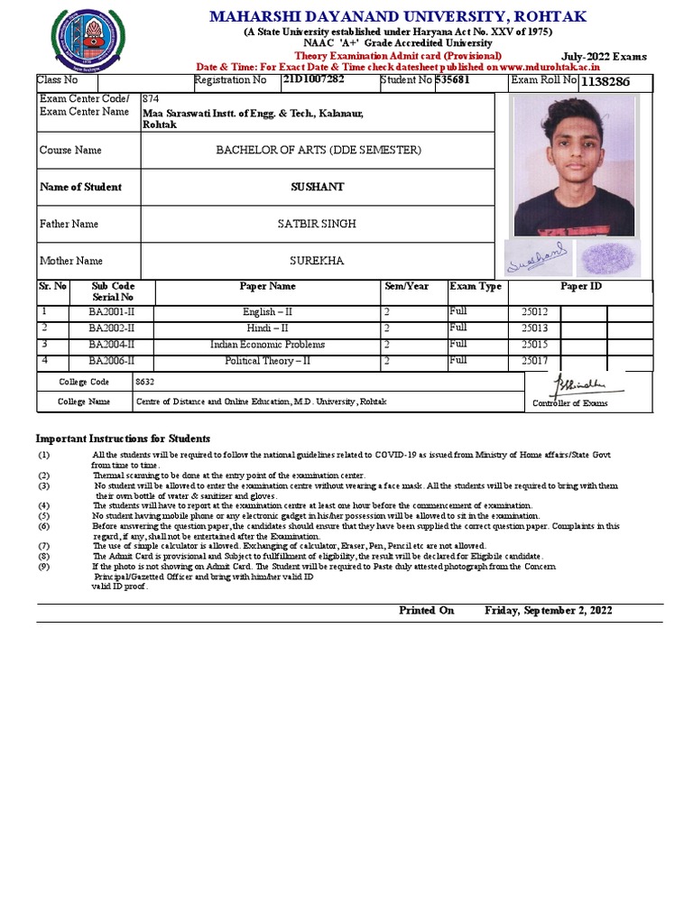 Provisional Admit Card for Bachelor of Arts (DDE Semester) Examinations at Maharshi Dayanand ...