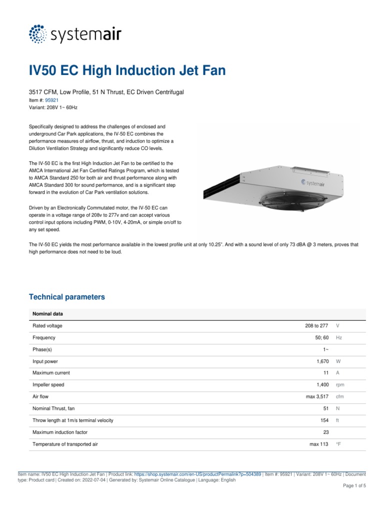 Systemair IV50 EC High Induction Jet Fan | PDF | Ventilation ...