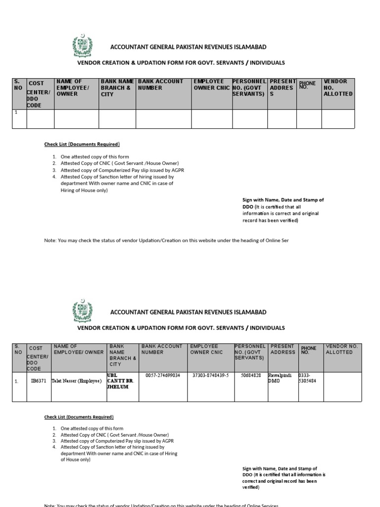 AGPR Vendor Creation & Updation Form | PDF