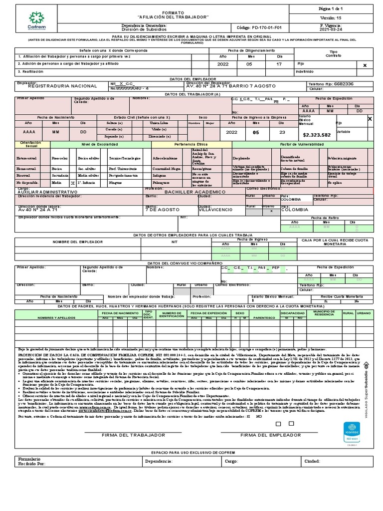 Formato de Afiliacion Cofrem | PDF | Bases de datos