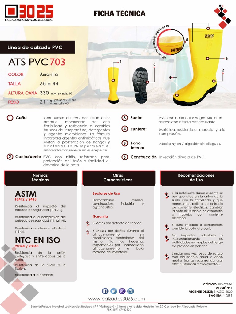 Ficha Tecnica de Bota Amarilla ATS PVC 703 3025 Cormancol | PDF