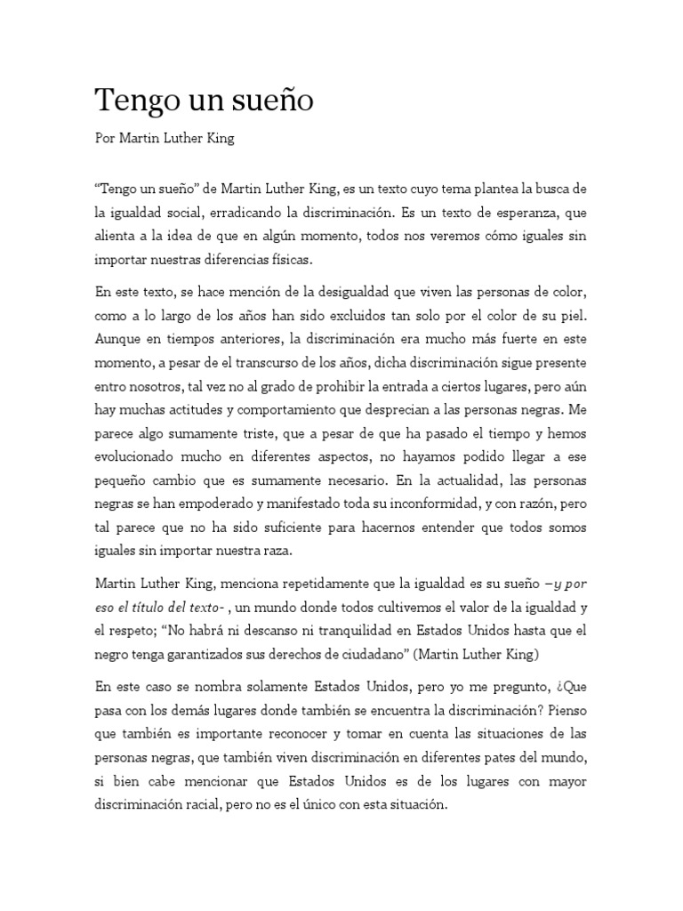 Ensayo, Tengo Un Sueño, Martin Luther King | PDF | Discriminación ...