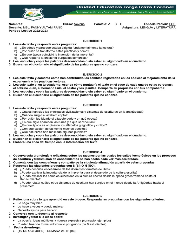 Ej - 9no Egb Vesp Lyl PP Jic | PDF | Lingüística | Escritura