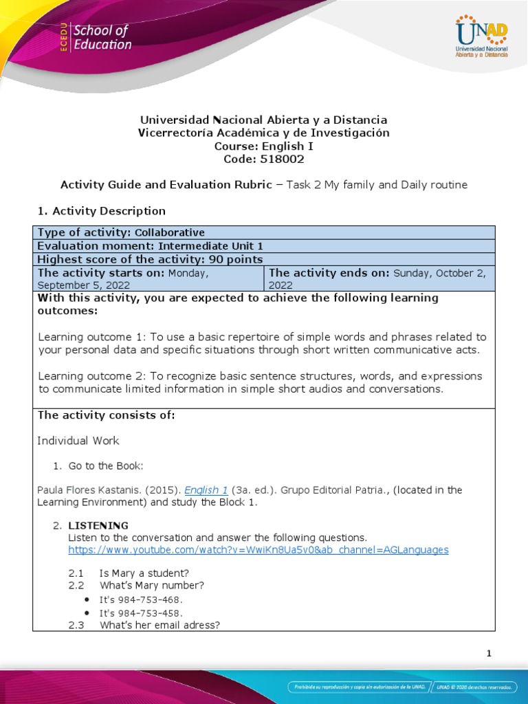 Activity Guide and Evaluation Rubric - Unit 1 - Task 2 - My Family and ...
