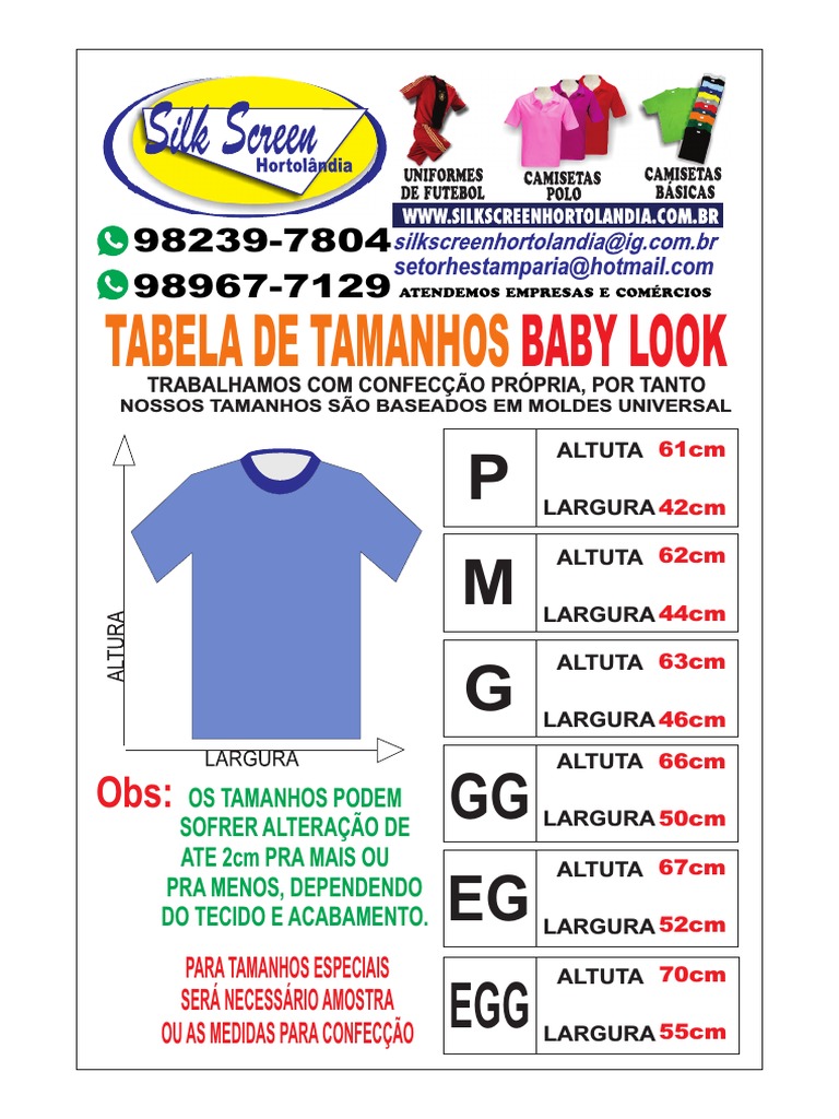Tabela de Tamanhos Baby Look | PDF