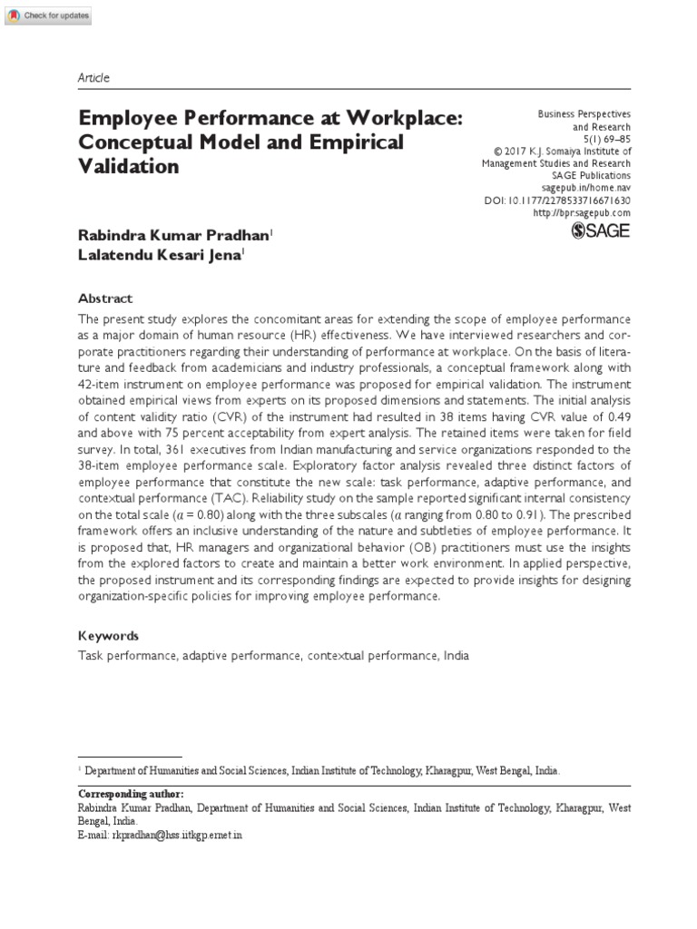Employee Performance at Workplace: Conceptual Model and Empirical Validation | PDF | Factor ...