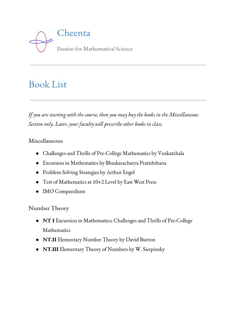 Cheenta Math Olympiad Program Curriculum and Book List | PDF | Teaching ...