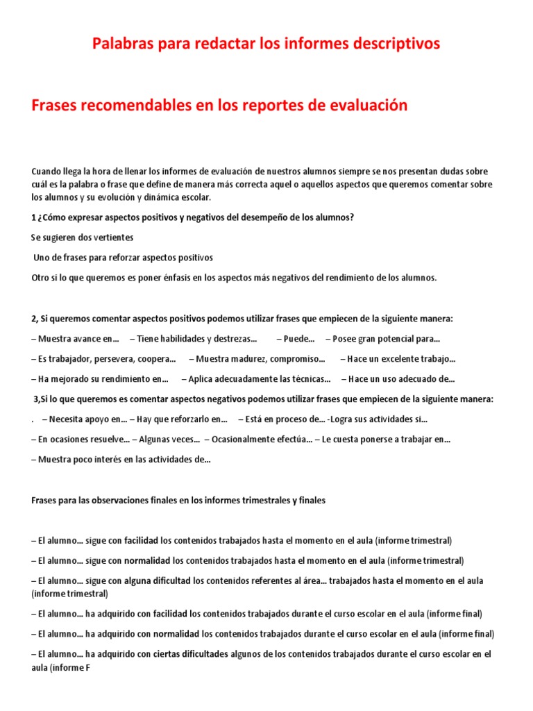 Palabras para Redactar Los Informes Descriptivos | PDF | Evaluación ...