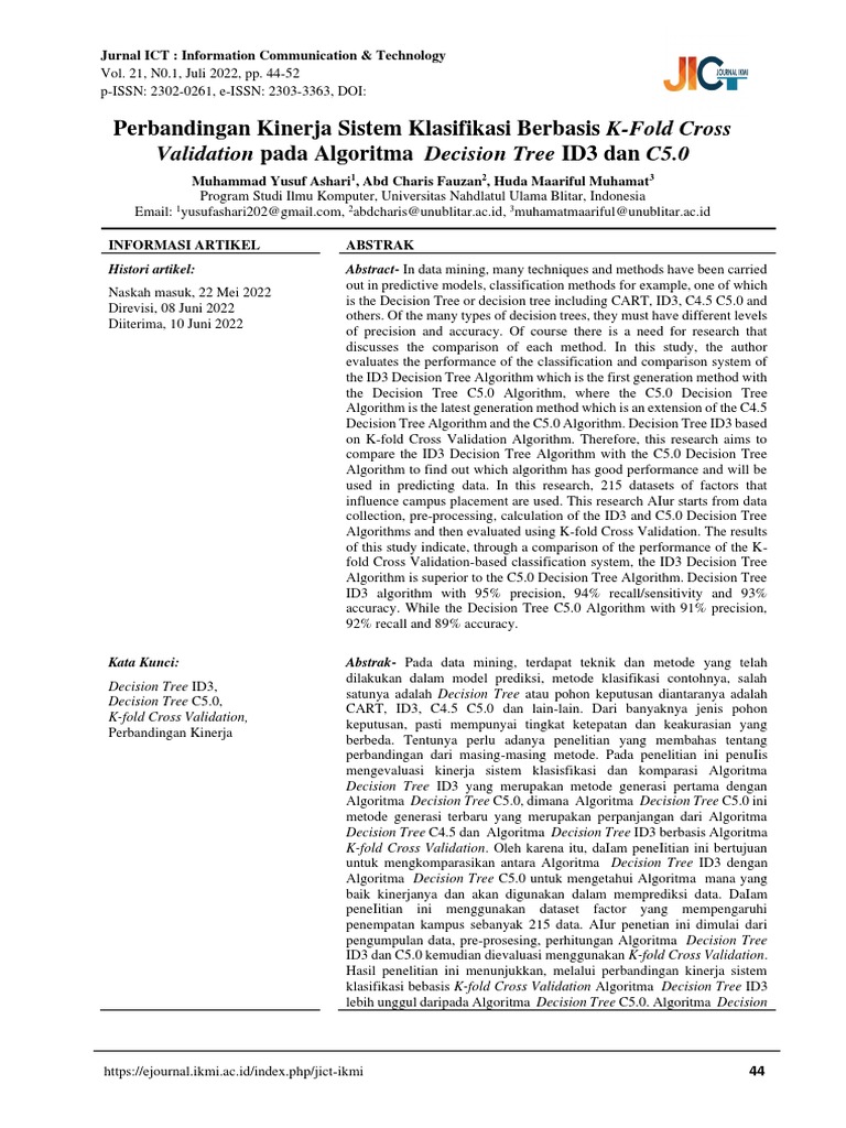 Validation Pada Algoritma Decision Tree ID3 Dan C5.0: Perbandingan Kinerja Sistem Klasifikasi ...