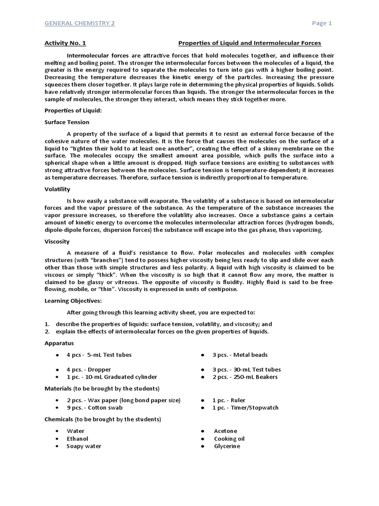 Activity No.1 Intermolecular Forces | PDF | Liquids | Intermolecular Force