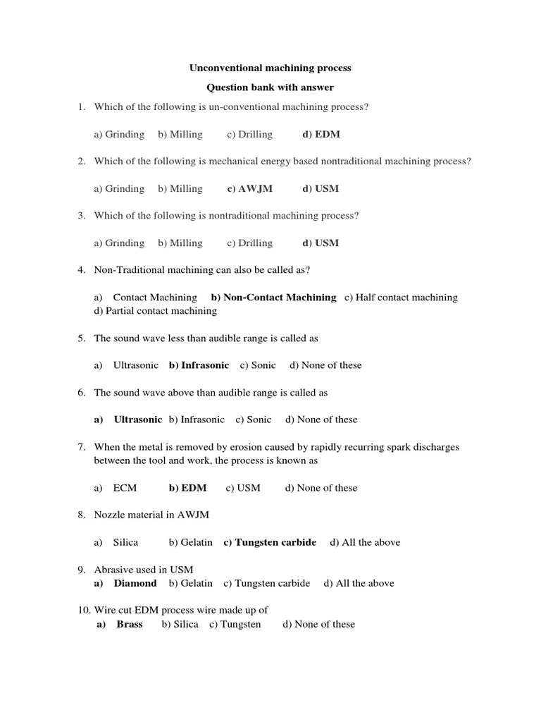 Unconventional Machining Processes Question Bank | PDF | Machining ...