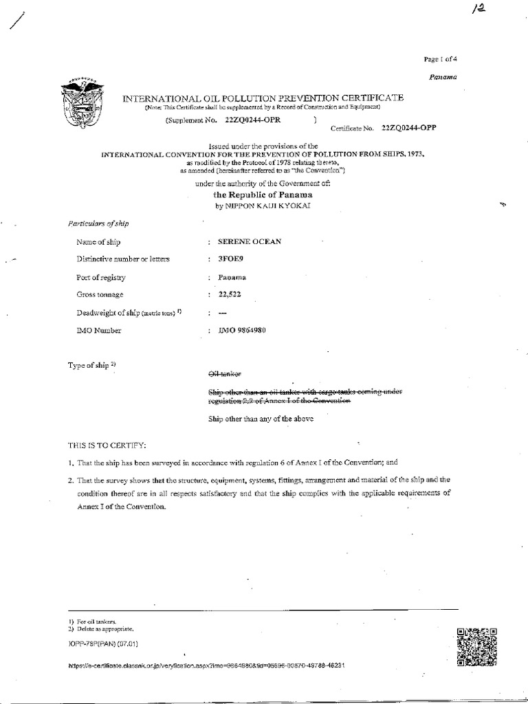 02 International Oil Pollution Prevention Certificate with Supplement ...