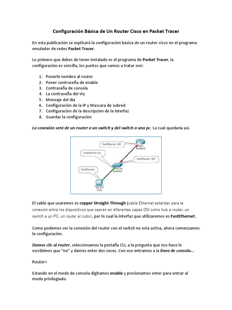 PRACT3 - Configuracion Basica de Un Router Cisco en Packet Tracer | PDF | Enrutador (Computación ...