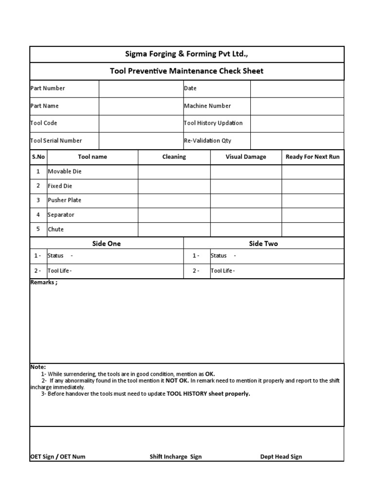 Sigma Forging & Forming Pvt Ltd. Tool Preventive Maintenance Check ...