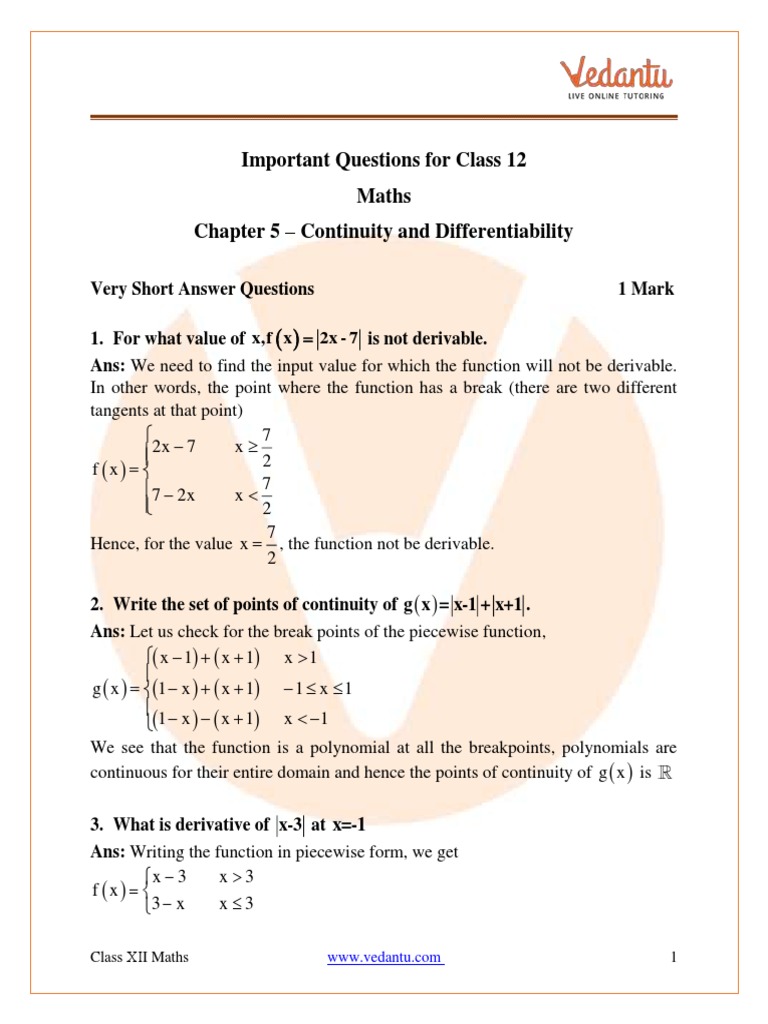 Important Questions For Cbse Class 12 Maths Chapter 5 Pdf Function