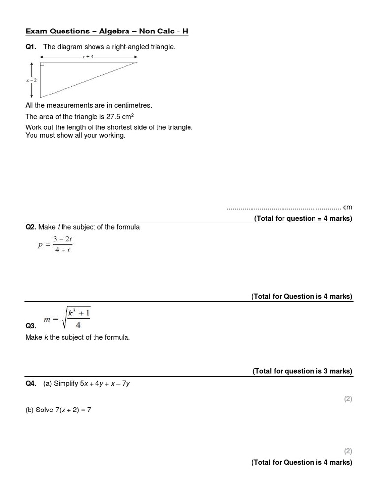 Algebra Exam Questions - Non-Calculator | PDF | Triangle | Area