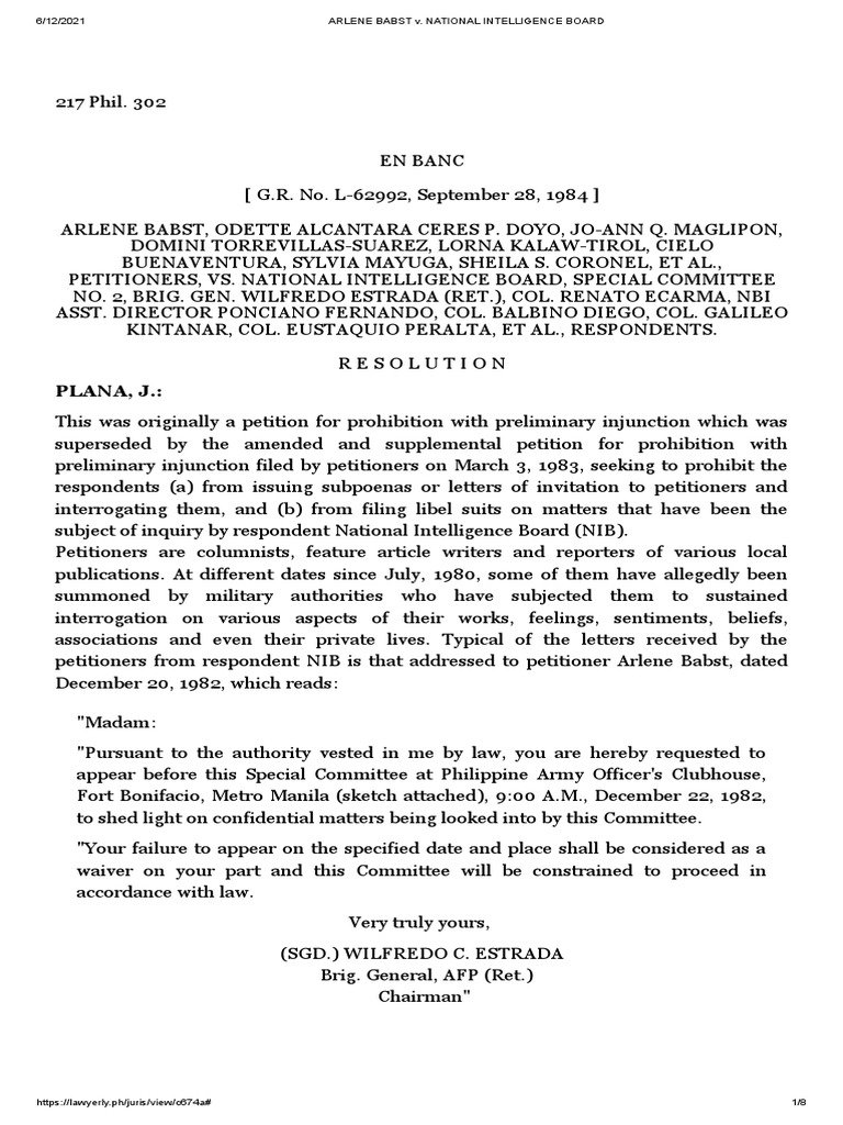 Arlene Babst v. National Intelligence Board | PDF | Defamation | Writ ...