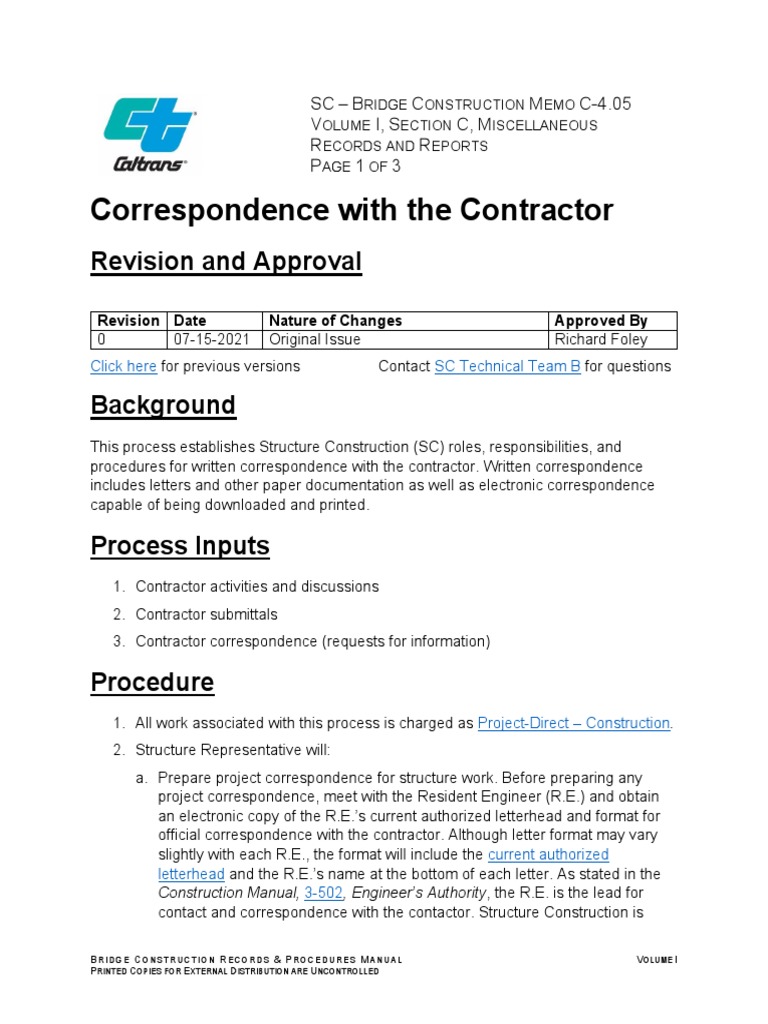 Correspondence With The Contractor: Revision and Approval | PDF