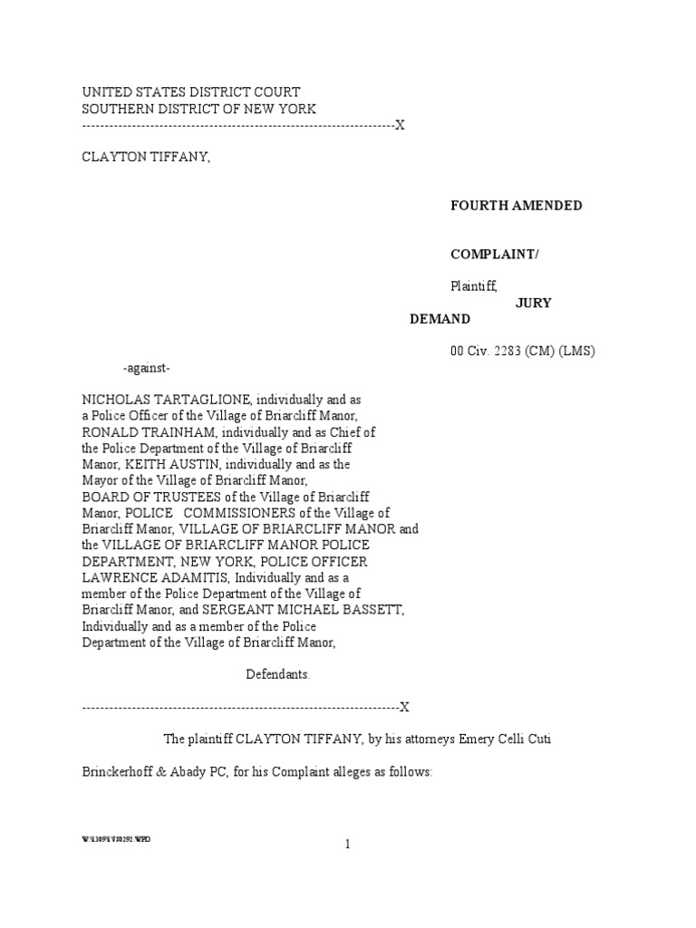 Tiffany v. Tartaglione Fourth Amended Complaint | PDF | Negligence ...