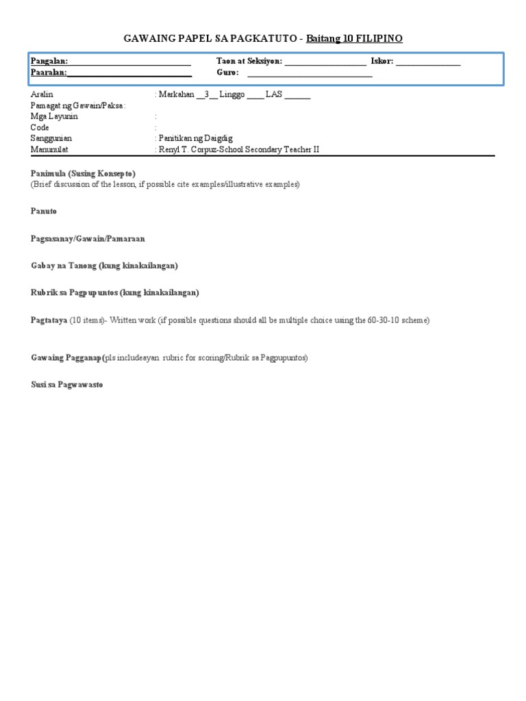 LEARNING ACTIVITY SHEET FOR Grade 10 FILIPINO | PDF