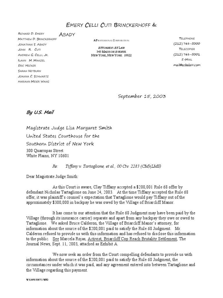 Tiffany Letter To MJ Re Settlement Information (9.15.03) | PDF | Indemnity | Complaint