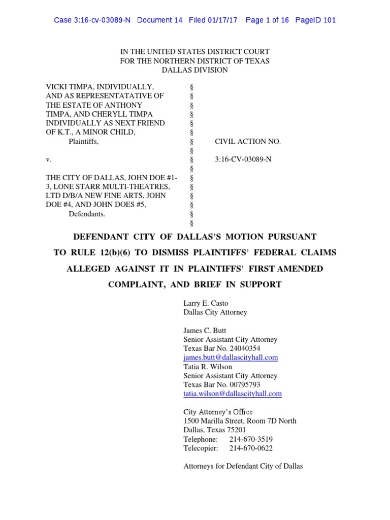 Timpa v. City of Dallas Defendants' Motion To Dismiss (1.17.17) | PDF ...