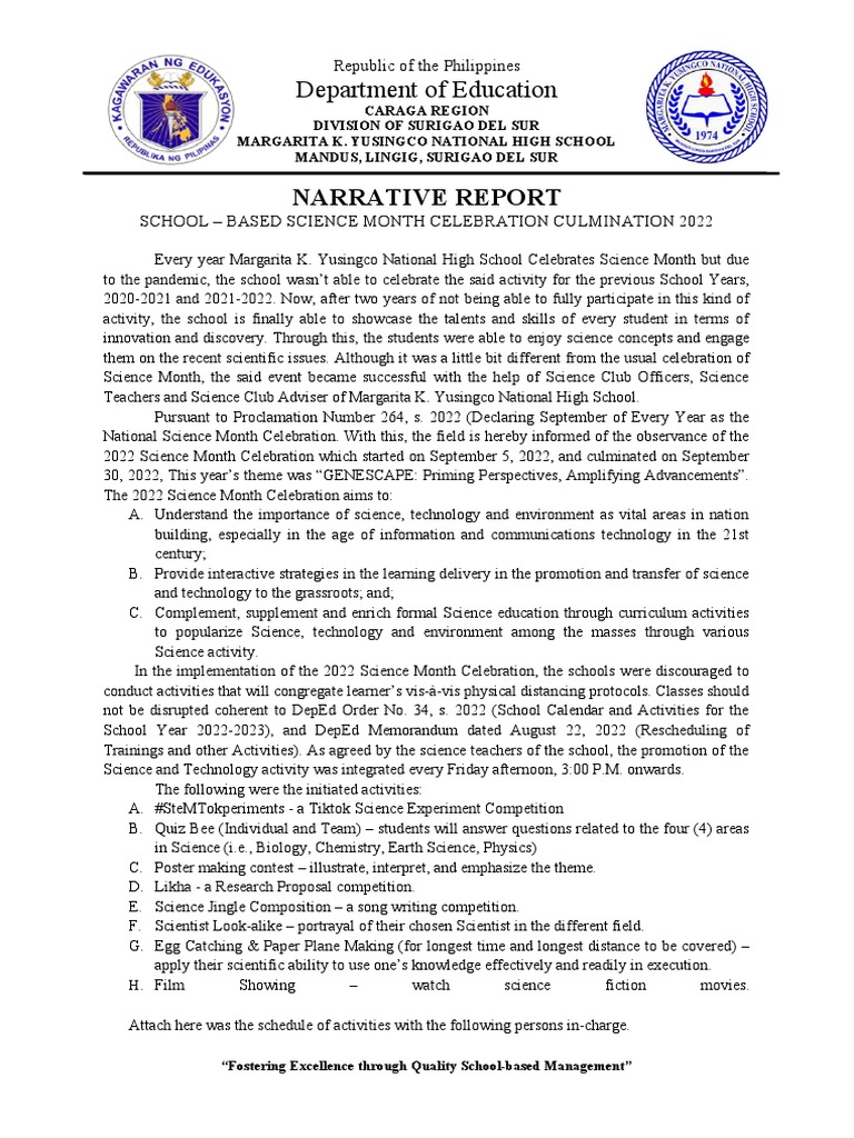 Science Month Celebration 2022 Report | PDF | Science | Learning