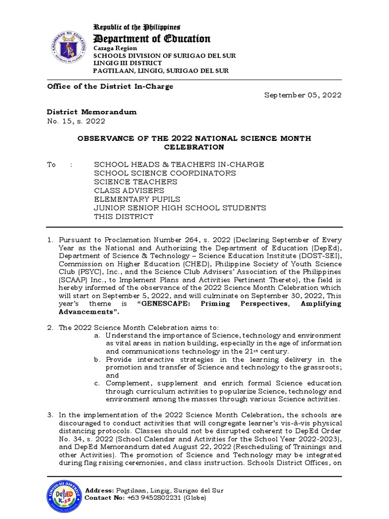 District Memo No. 15 Series 2022 | PDF | Video | Science